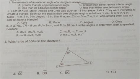 solved 1 the measure of an exterior angle of a triangle is always c greater than either