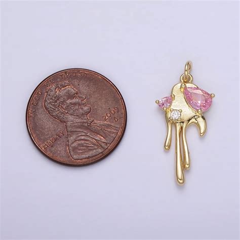 24k Gold Filled Pink Cz Teardrop Molten Drip Charm Ag362