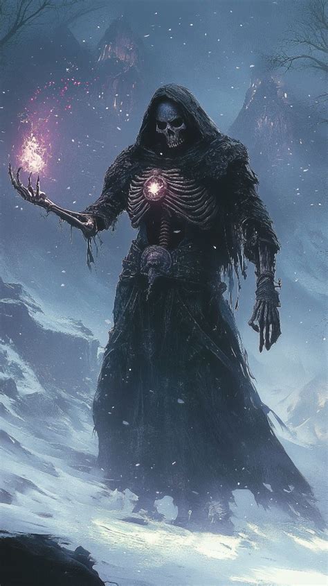 The Skeletal Mage Amidst The Snowstorm In 2025 Dark Fantasy Fantasy