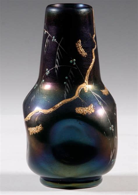 Lot Art Nouveau Enameled Iridescent Glass Vase