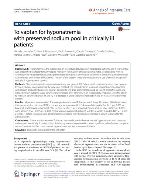 Pdf Tolvaptan For Hyponatremia With Preserved Sodium Pool In