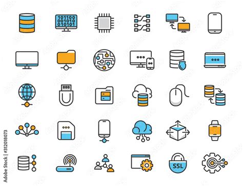 set of linear computer technology icons database icons in simple design vector illustration