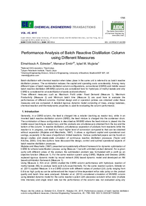 Pdf Performance Of Reactive Distillation Columns