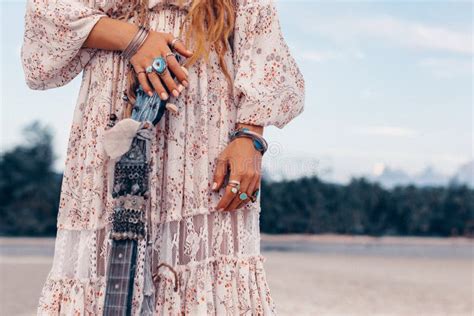 Close Up Of Fashionable Young Woman Legs Fashion Model With Guitar