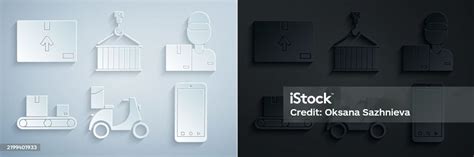 스쿠터 배달 골판지 상자를 가진 배달원 컨베이어 벨트 휴대 전화 앱 추적 컨테이너 크레인 및 골판지 교통 기호 아이콘을 설정합니다 벡터 0명에 대한 스톡 벡터 아트 및 기타