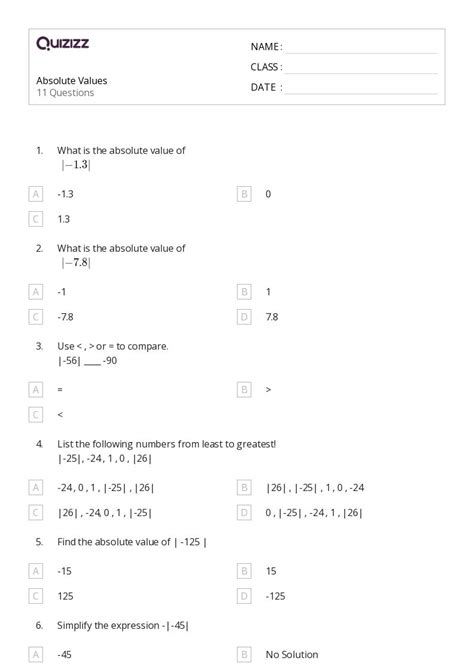 50 Absolute Value Worksheets For 7th Grade On Quizizz Free And Printable