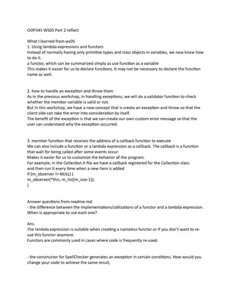 OOP345 WS05 Part 2 Reflect OOP345 WS05 Part 2 Reflect What I Learned