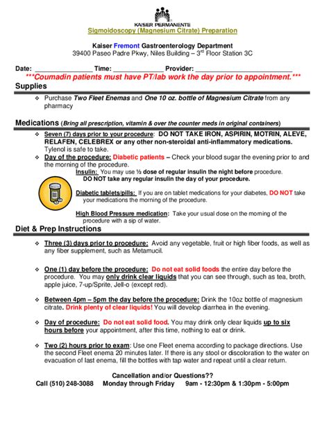 Fillable Online Mydoctor Kaiserpermanente Sigmoidoscopy Preparation Instructions My Doctor