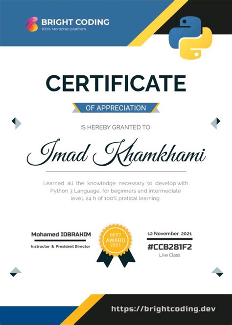 imad khamkhami on linkedin certificate of python from bright coding