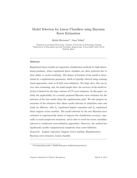 pdf model selection for linear classifiers using bayesian error