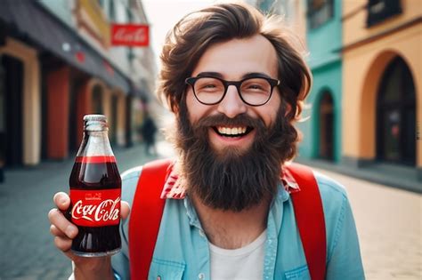 Premium Photo Bearded Hipster Man With Coca Cola Drink In Hands Man