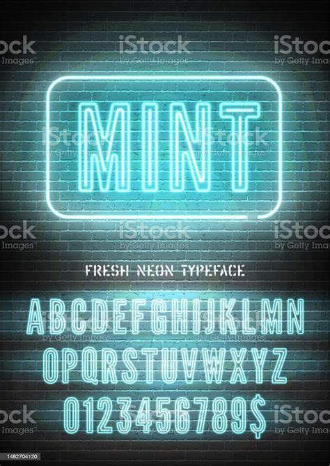 민트 간판과 파란색 네온은 벡터 어두운 벽돌 벽 배경에 숫자가 있는 좁은 굵은 글꼴입니다 밝은 야간 조명 알파벳 글로우 효과 Led 조명에 대한 스톡 벡터 아트 및 기타