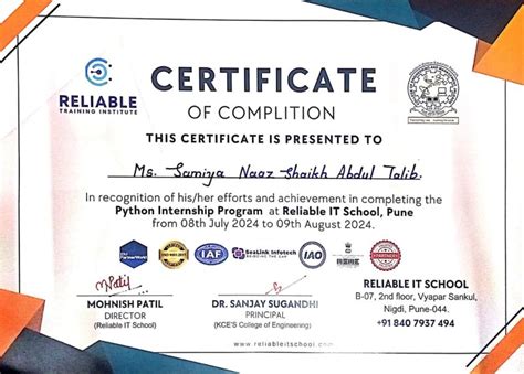 💻 Successfully Completed My Internship In Python Programming From Reliable It School Pune