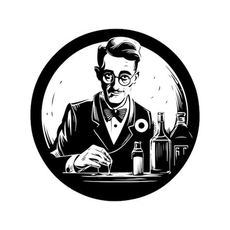 바텐더 빈티지 로고 라인 아트 개념 흑백 색상 손으로 그린 그림 프리미엄 벡터