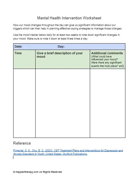 Mental Health Intervention Worksheet Happiertherapy