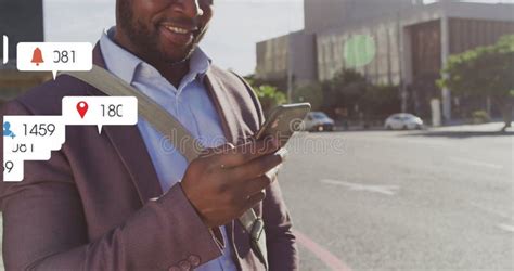 Image Of Multiple Notification Bars Over Smiling African American Man