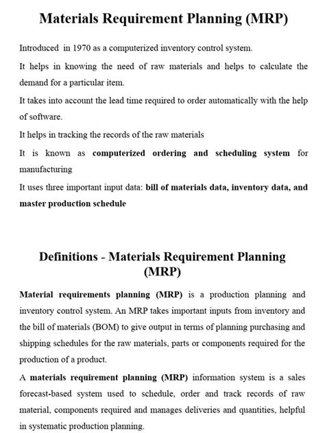 Materials Requirement Planning Mrp Master Production Schedule Pdf Lean Manufacturing