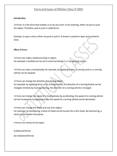 Notes Force And Laws Of Motion Class 9 Cbse Pdf Force Momentum