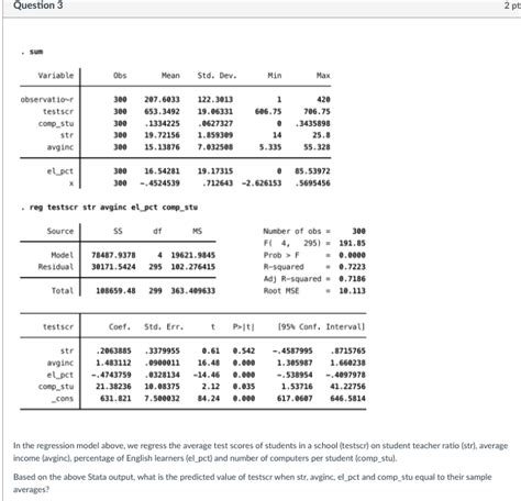 Solved Question 3 2 Pt Sum Variable Obs Mean Std Dev Min