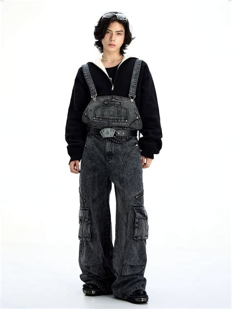 Detachable Suspender Washed Multi Pocket Cargo Jeans Denim Cargo Jeans Female Models