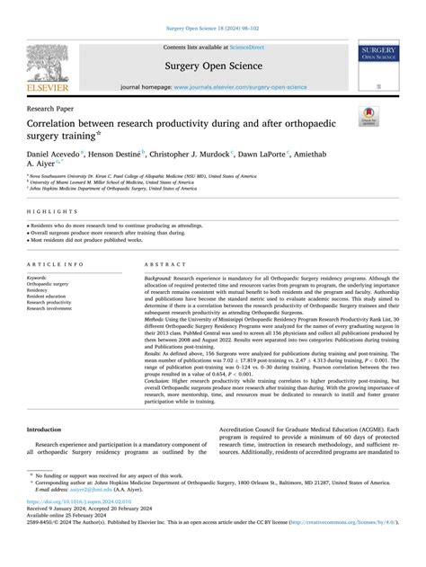 Pdf Correlation Between Research Productivity During And After Orthopaedic Surgery Training