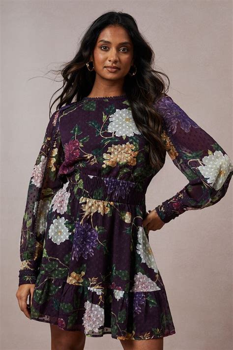 Dresses Floral Dobby Chiffon Lace Trim Tie Back Mini Dress Oasis
