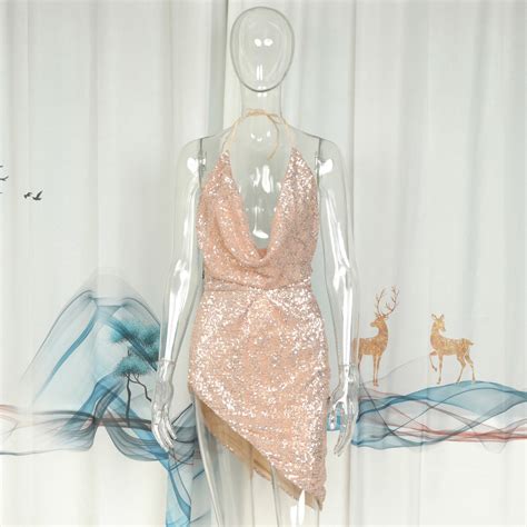 Deep V Sequin Sexy Mini Party Dress Irregular Glitter Backless Short