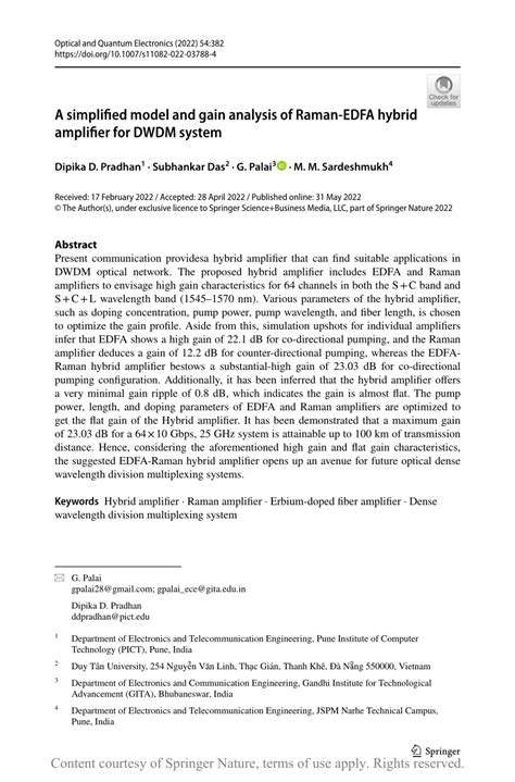 A Simplified Model And Gain Analysis Of Raman Edfa Hybrid Amplifier For Dwdm System Request Pdf