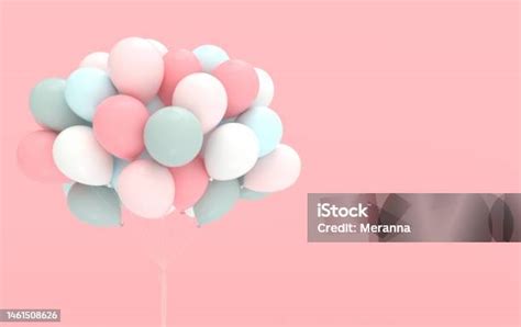 분홍색 배경에 파스텔 색 풍선의 무리 생일 파티 홍보 소셜 미디어 배너 포스터를위한 빈 공간 3d 렌더 풍선 0명에 대한 스톡