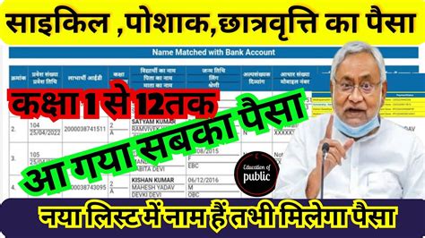 बिहार बोर्ड कक्षा 1 12 वीं का पैसा साइकिल पोशाक छात्रवृत्ति का पैसा Bseb Class 1 Se 12th Ka