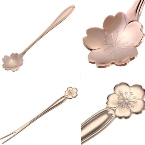 花子日貨 日本製燕三条不鏽鋼櫻花造型咖啡匙小湯匙甜點匙點心叉叉子玫瑰金一組3入6入 蝦皮購物