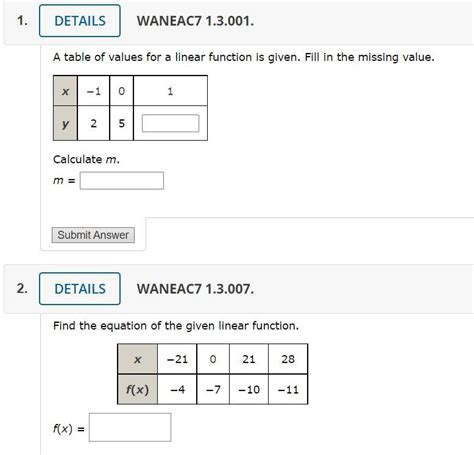 Solved Waneac7 13001 A Table Of Values For A Linear