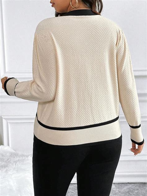 Franclia Plus Size V Neck Pocket Color Block Long Sleeve Knit Sweater