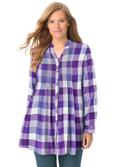 Plus Size Womens Pintucked Flannel Shirt By Woman Within In Purple