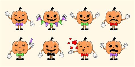 귀여운 Pumkon Lantern 캐릭터 감정 스티커 및 마스코트 다양한 감정의 벡터 그림 할로윈 휴가 예술 인쇄 및 장식 세트