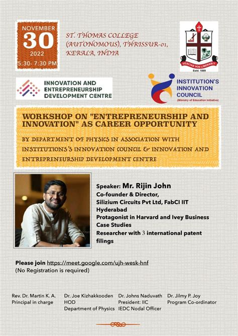 Workshop On Entrepreneurship And Innovation St Thomas College Autonomous
