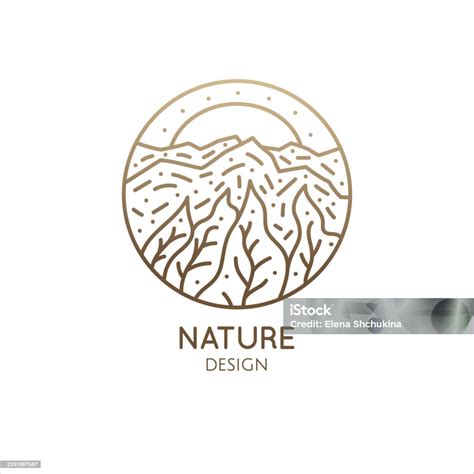 산 풍경 로고 태양 나무와 자연의 벡터 선형 라운드 아이콘입니다 비즈니스 엠블럼을 위한 최소한의 로고타입 여행 관광 및 생태학 개념 건강 및 요가 센터를 위한 배지 0명에