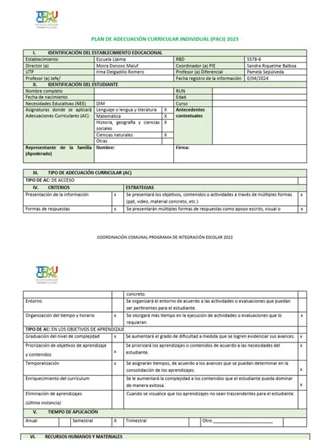 Plan De Adecuación Curricular Individual Cristobal Fuentes Pdf
