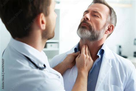 Endocrinologist Examining Thyroid Gland Of Patient Man Adult Health