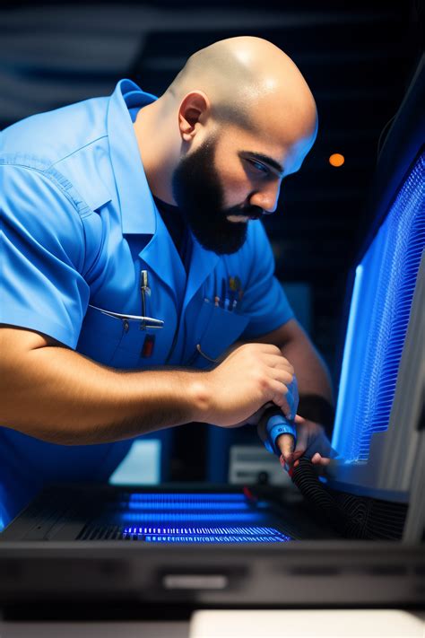 Lexica A Bald Bearded Tech Support Guy Wearing A Blue Shirt Fixing