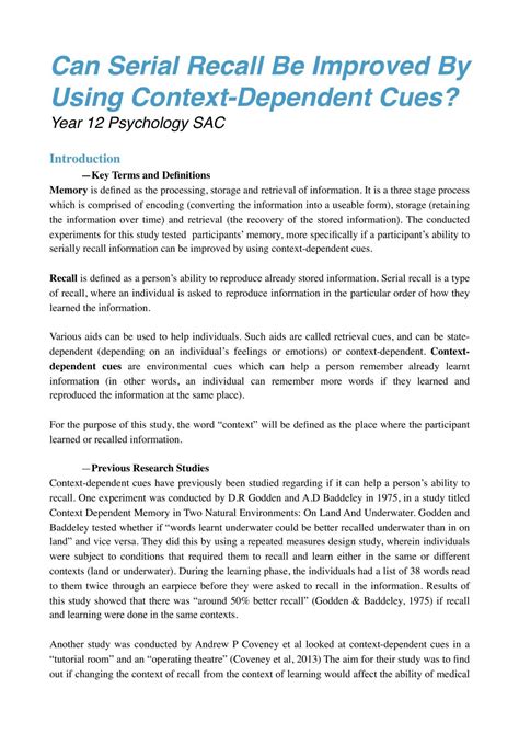 Psychology Context Dependent Cues Research Task Psychology Year 12 Vce Thinkswap