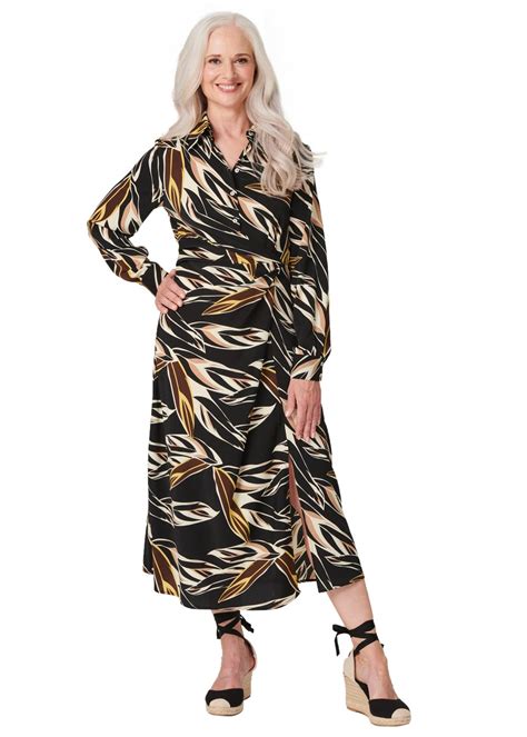 Izabel London Black Leaf Print Midi Shirt Dress Matalan