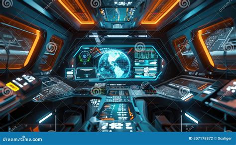 Futuristic Cockpit Of Spaceship Control System Room With Planets View