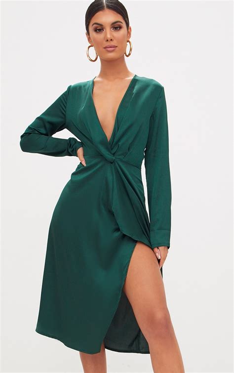 Emerald Green Satin Long Sleeve Wrap Midi Dress Dresses