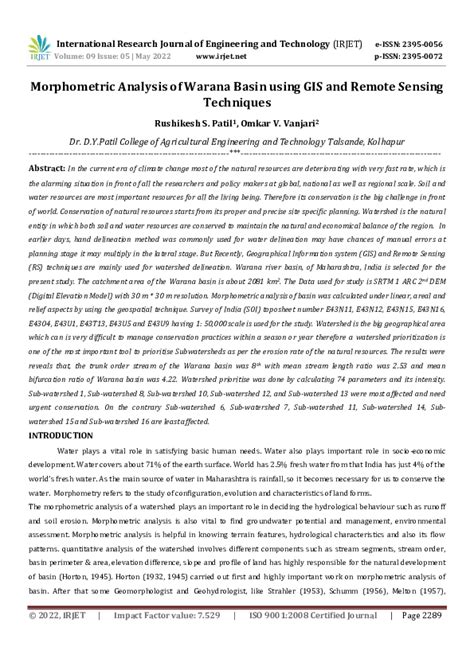 Pdf Morphometric Analysis Of Warana Basin Using Gis And Remote