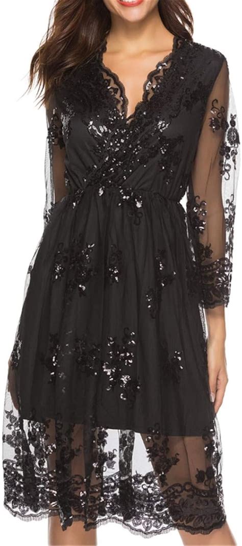ZDSYYK Langärmliges sexy Spitzenkleid mit V Ausschnitt Bestickt unregelmäßigen Cocktail