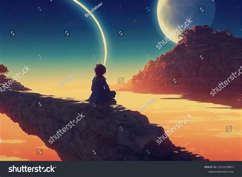 Manga Girl Sitting On Hill Sky Stock Illustration 2215210873 Shutterstock