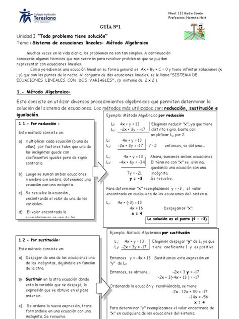 Sistema De Ecuaciones Guía N°1 Pdf Sistema De Ecuaciones Lineales