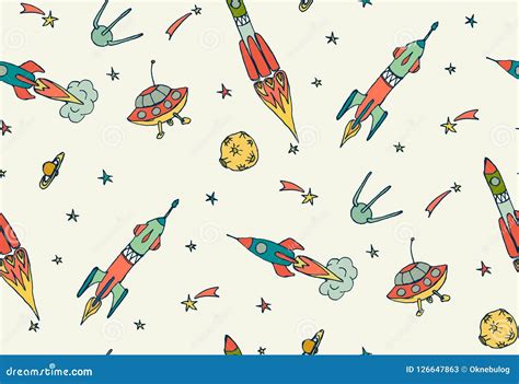 Space Seamless Pattern With Rockets And Spaceships Stock Vector