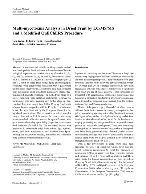 Pdf Multi Mycotoxins Analysis In Dried Fruit By Lcmsms And A Modified Quechers Procedure